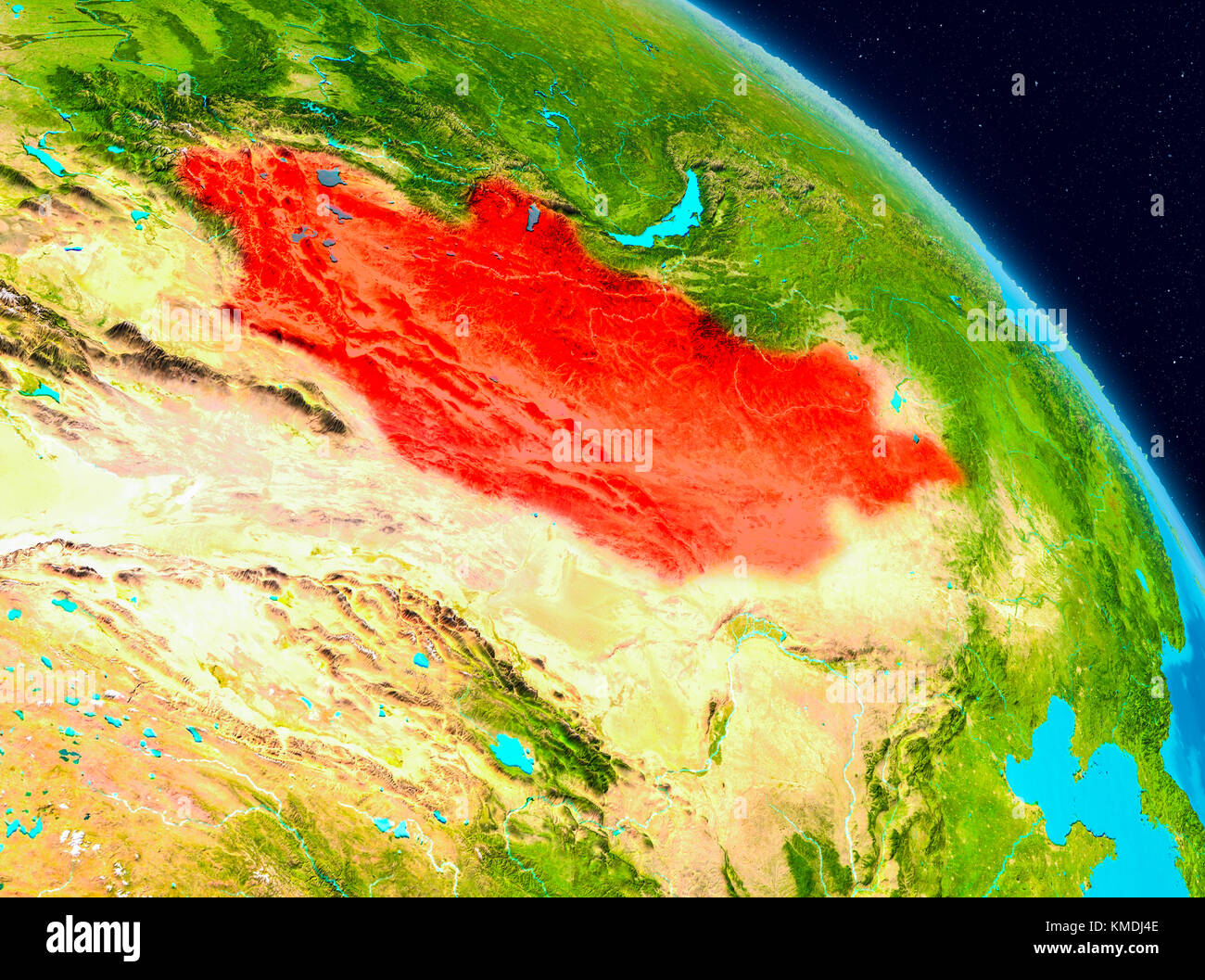 Space view of Mongolia highlighted in red on planet Earth. 3D ...