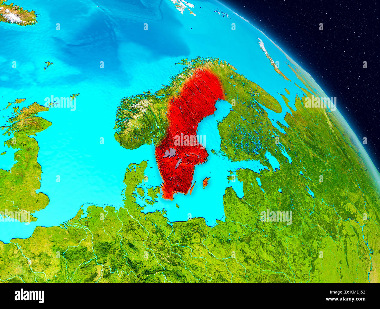 Space view of Sweden highlighted in red on planet Earth. 3D ...