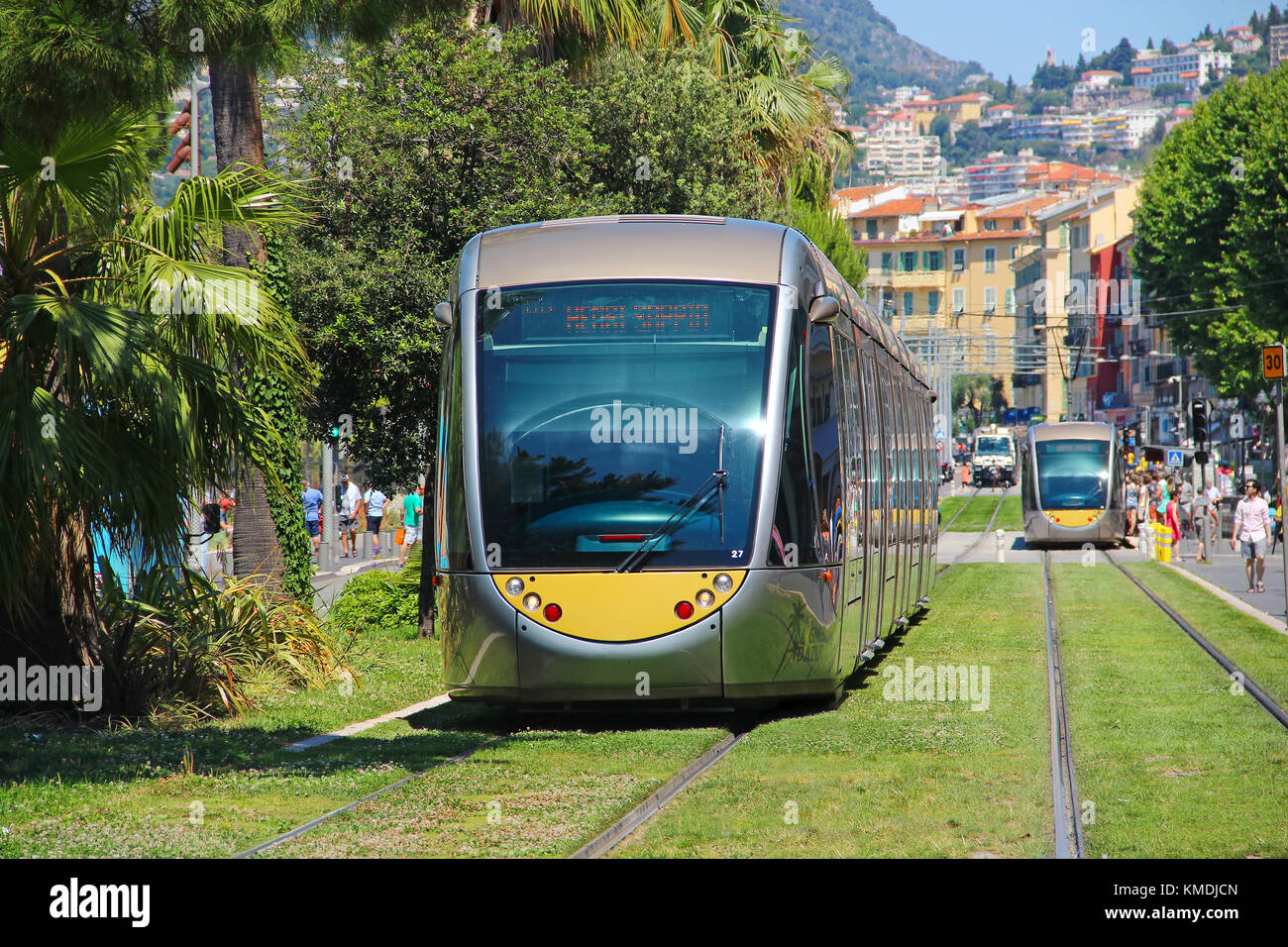 NICE, FRANCE - JUNE 22, 2016: Modern trams in the downtown Nice Stock ...
