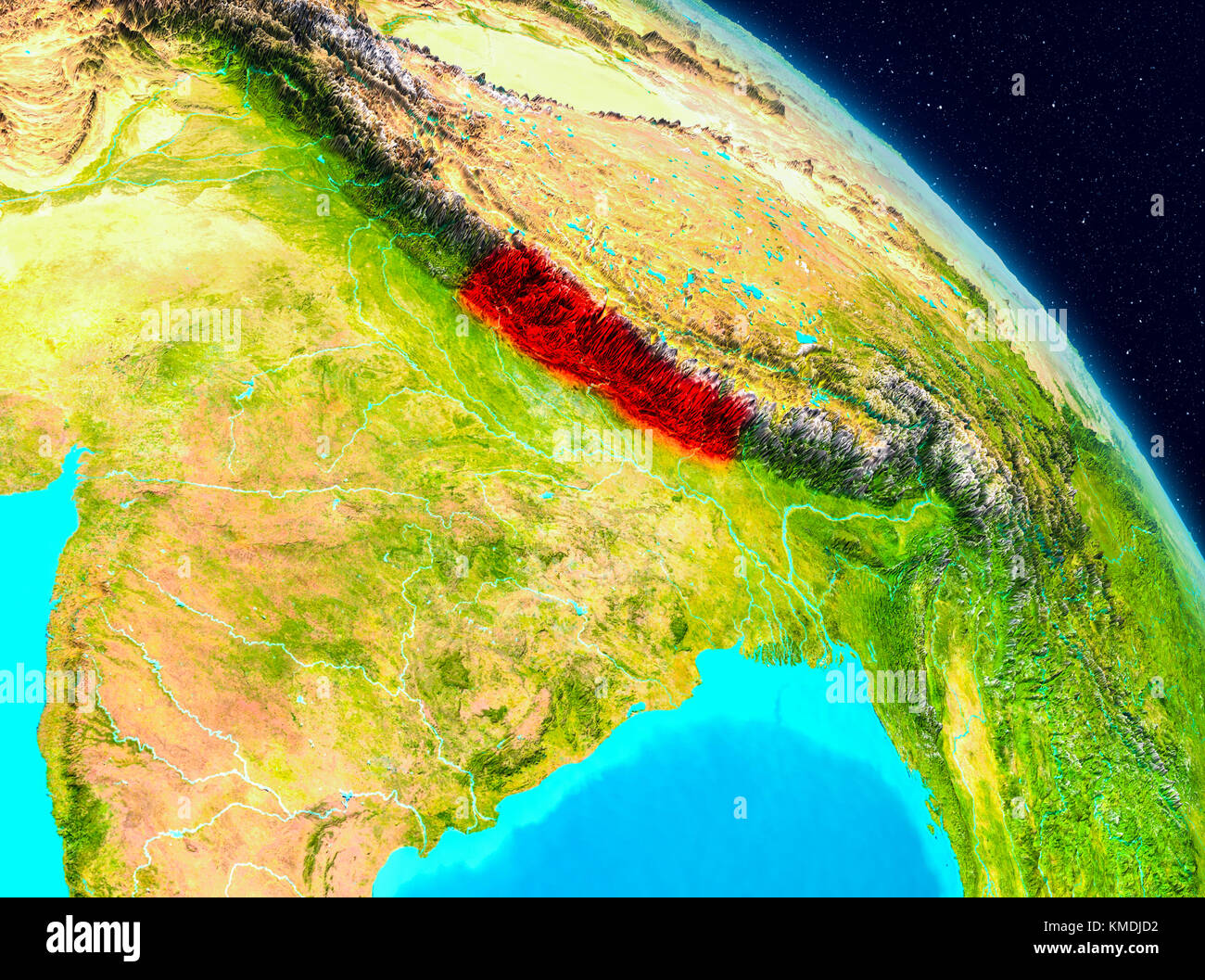Space view of Nepal highlighted in red on planet Earth. 3D illustration ...