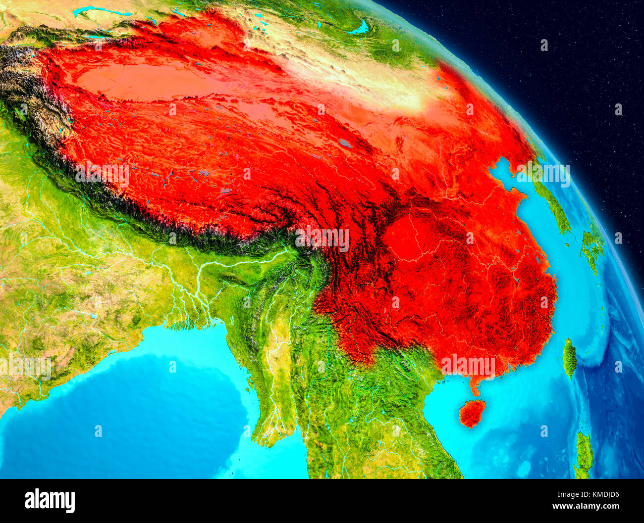 Space view of China highlighted in red on planet Earth. 3D illustration ...