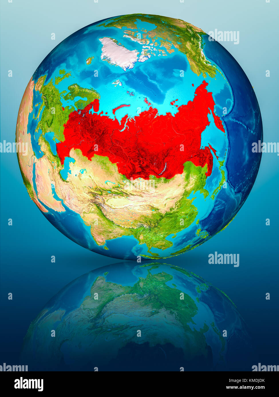 Russia in red on model of planet Earth on reflective blue surface. 3D illustration. Elements of ...