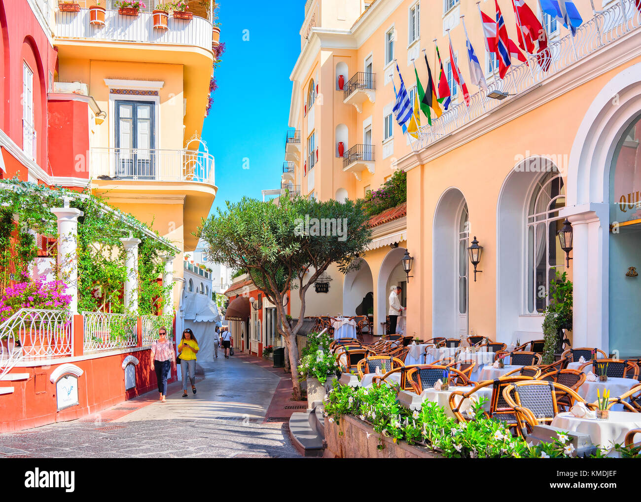 Capri, Italy - October 3, 2017: Tourists at Street cafes on Capri ...