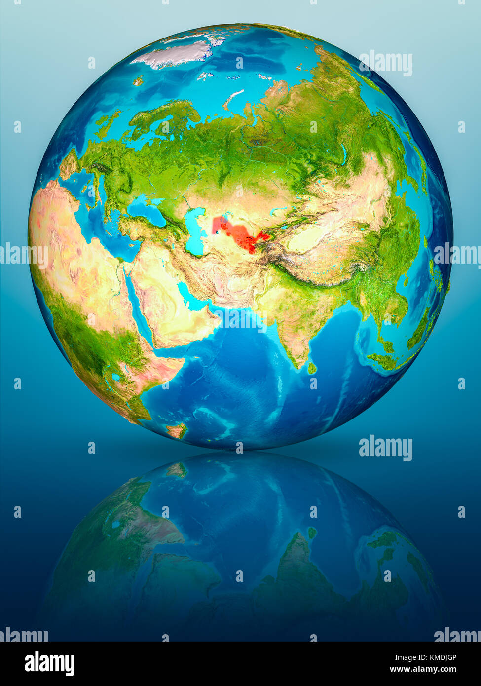 Uzbekistan in red on model of planet Earth on reflective blue surface. 3D illustration. Elements ...