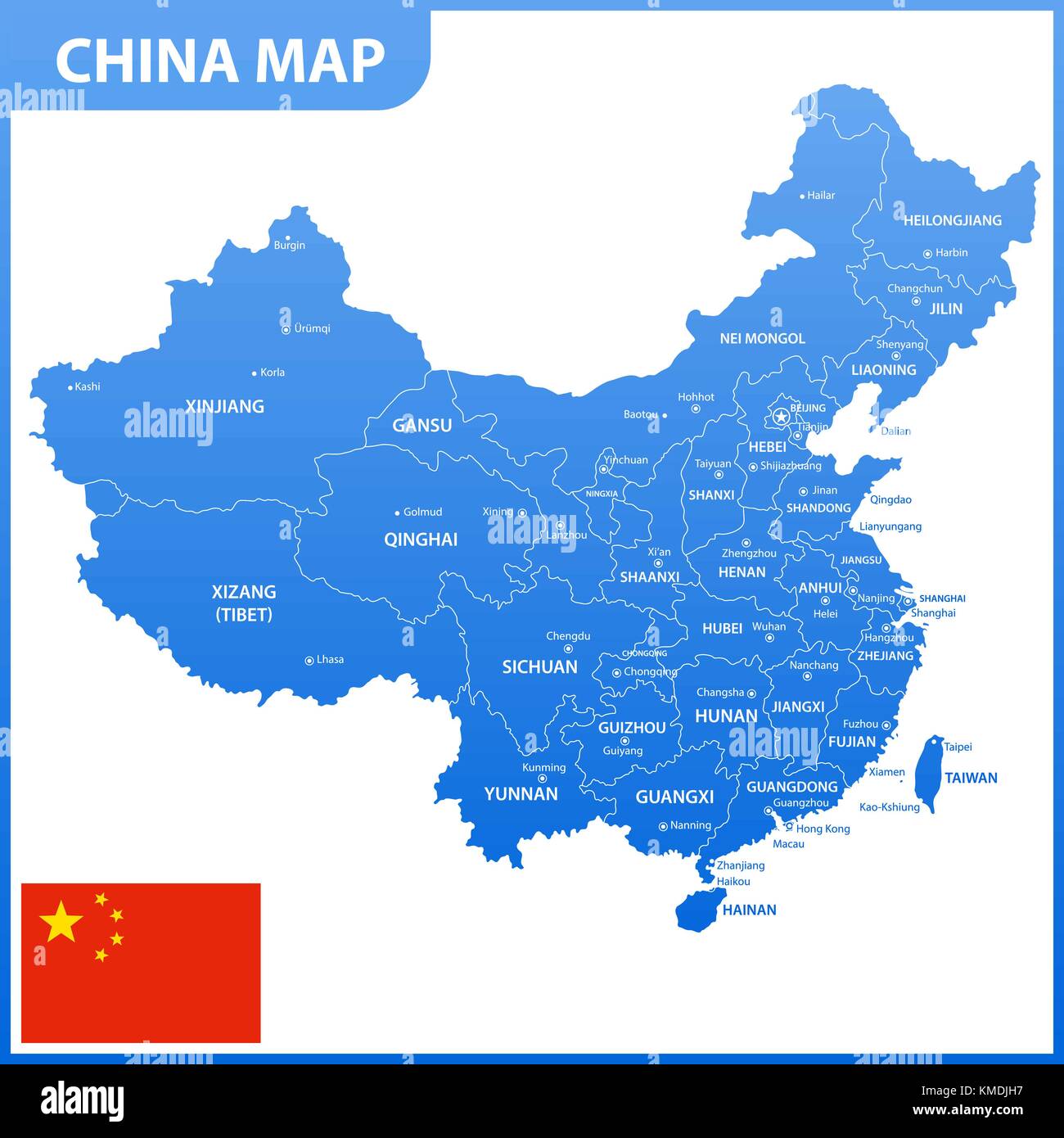 The detailed map of the China with regions or states and cities ...