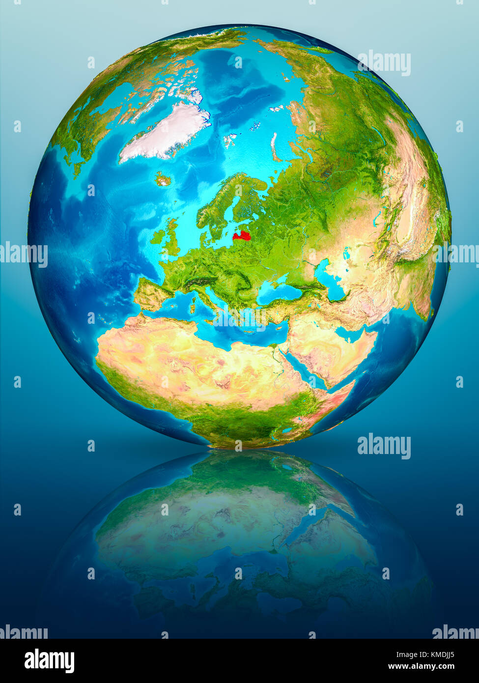 Latvia in red on model of planet Earth on reflective blue surface. 3D illustration. Elements of ...