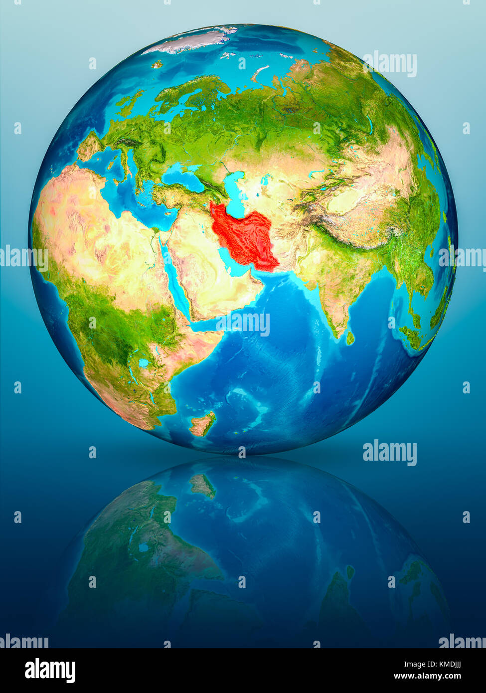 Iran in red on model of planet Earth on reflective blue surface. 3D illustration. Elements of ...