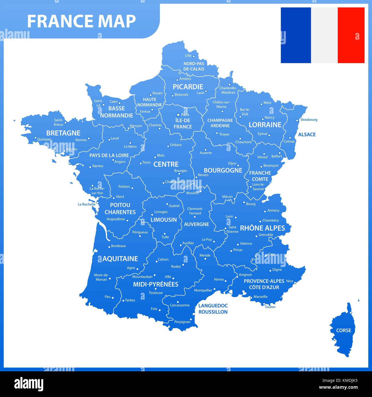 The detailed map of the France with regions or states and cities ...