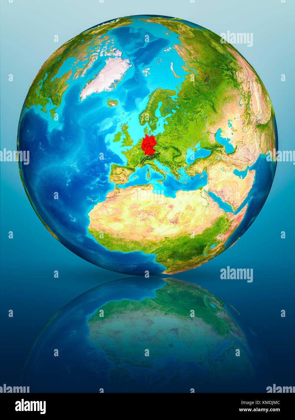 Germany in red on model of planet Earth on reflective blue surface. 3D ...