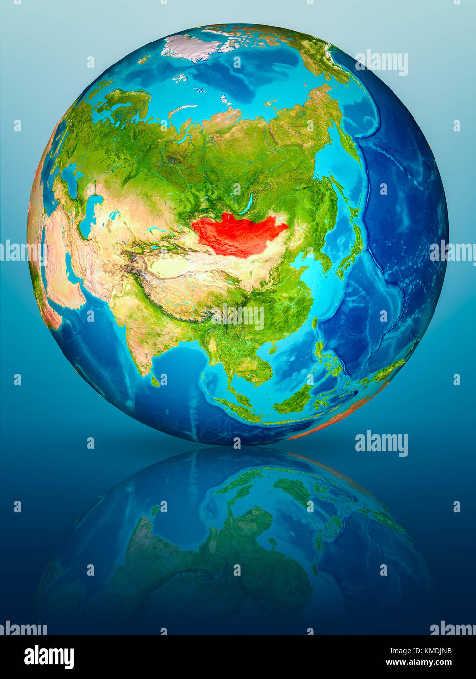 Mongolia in red on model of planet Earth on reflective blue surface. 3D ...