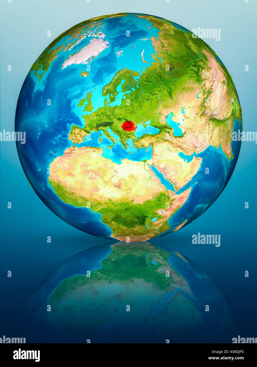 Romania in red on model of planet Earth on reflective blue surface. 3D ...