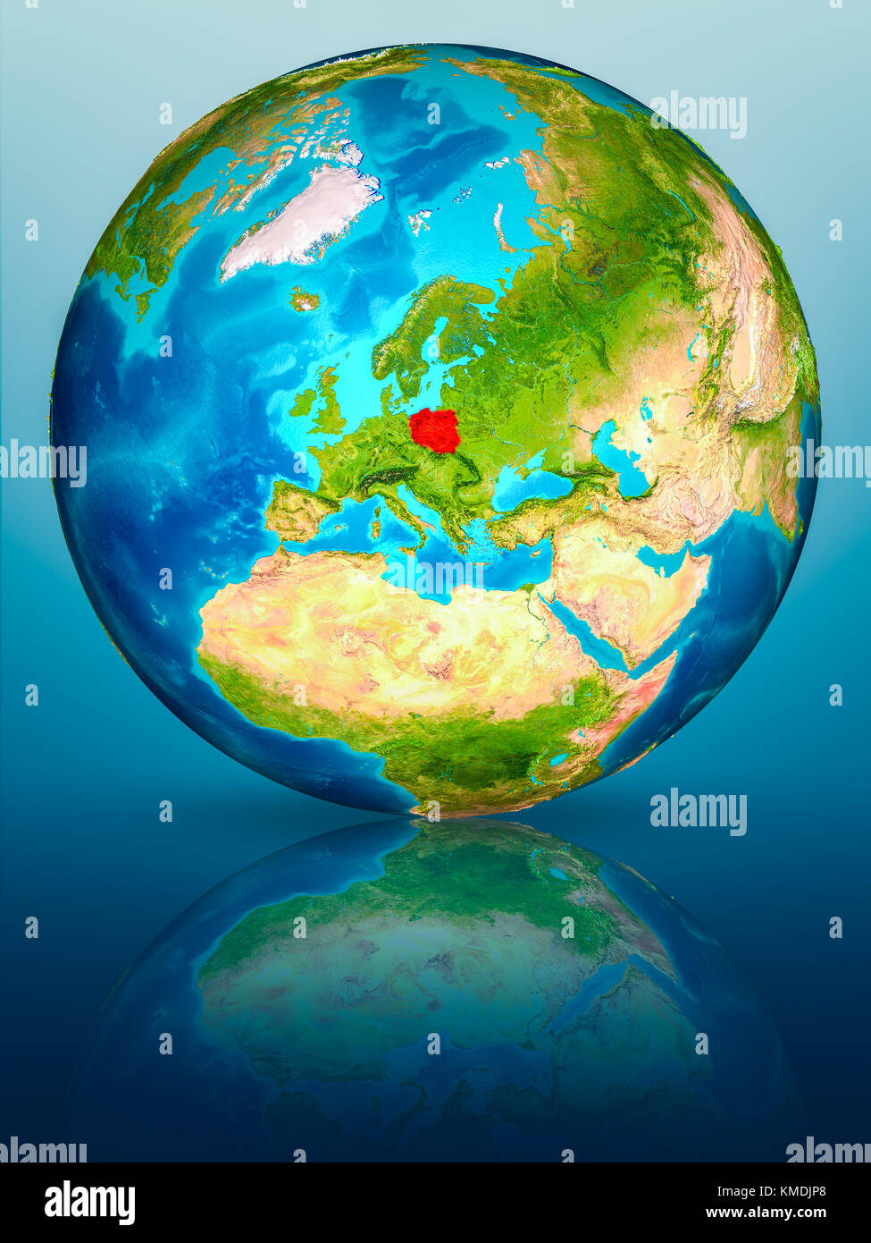Poland in red on model of planet Earth on reflective blue surface. 3D illustration. Elements of ...