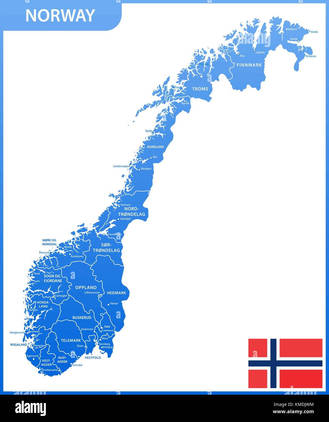 The detailed map of the Norway with regions or states and cities ...
