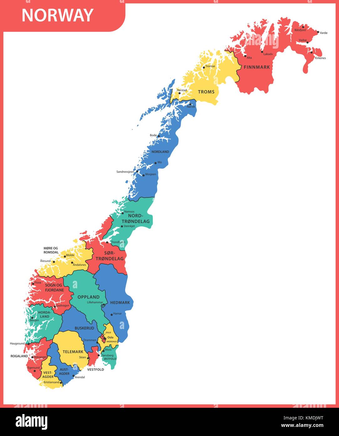 The detailed map of the Norway with regions or states and cities ...