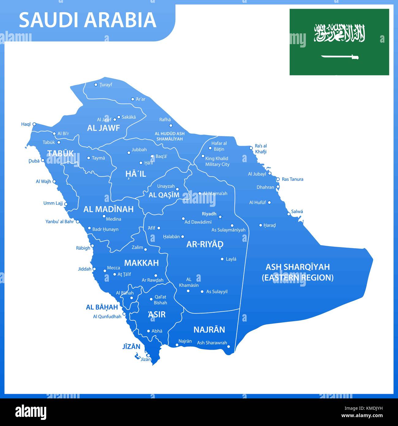 The detailed map of the Saudi Arabia with regions, national flag Stock ...