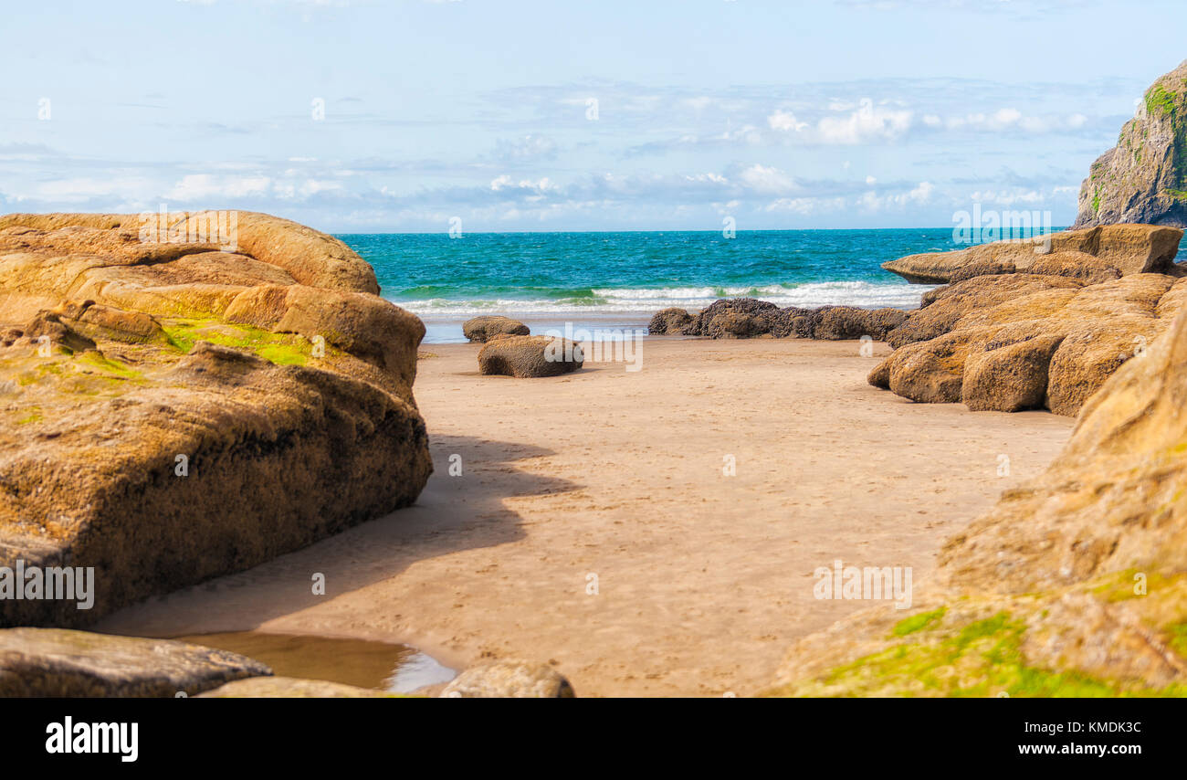 Low tide reveals intertidal rocks on the beach at Cape Kiwanda at ...