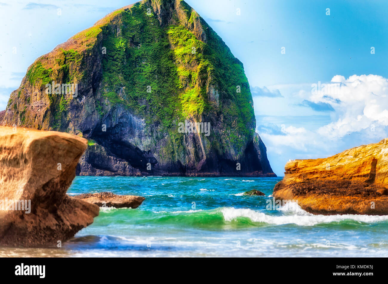 Cape Kiwanda geological feature and landmark, haystack rock, surrounded ...