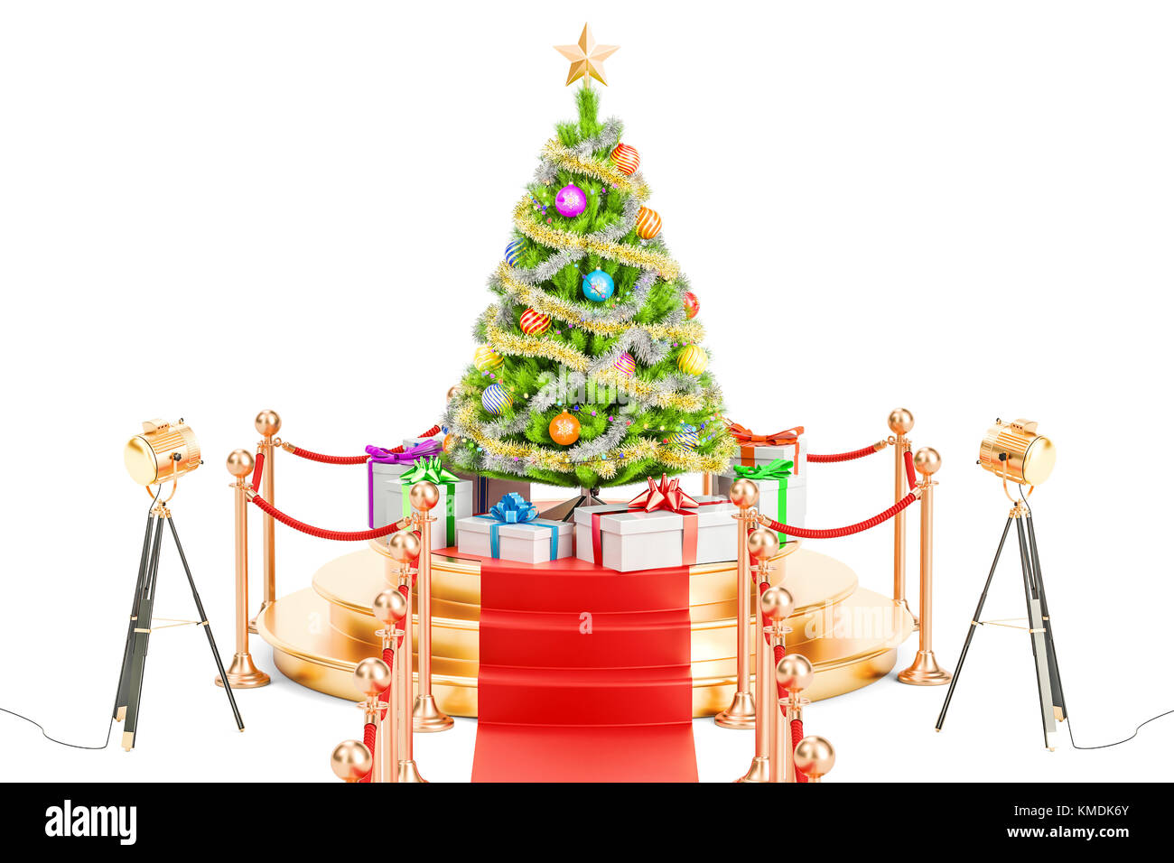 Christmas tree and gift boxes on the podium, 3D rendering isolated on ...