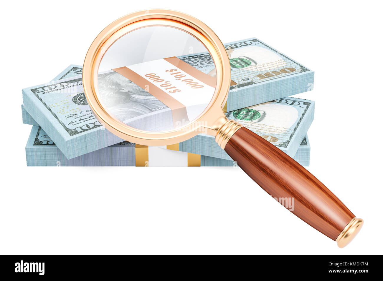 Dollar packs with magnifier, 3D rendering isolated on white background ...