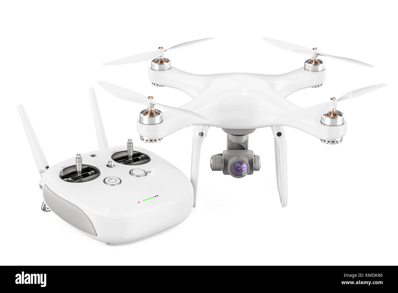 Drone quadrocopter with remote control, 3D rendering isolated on white ...