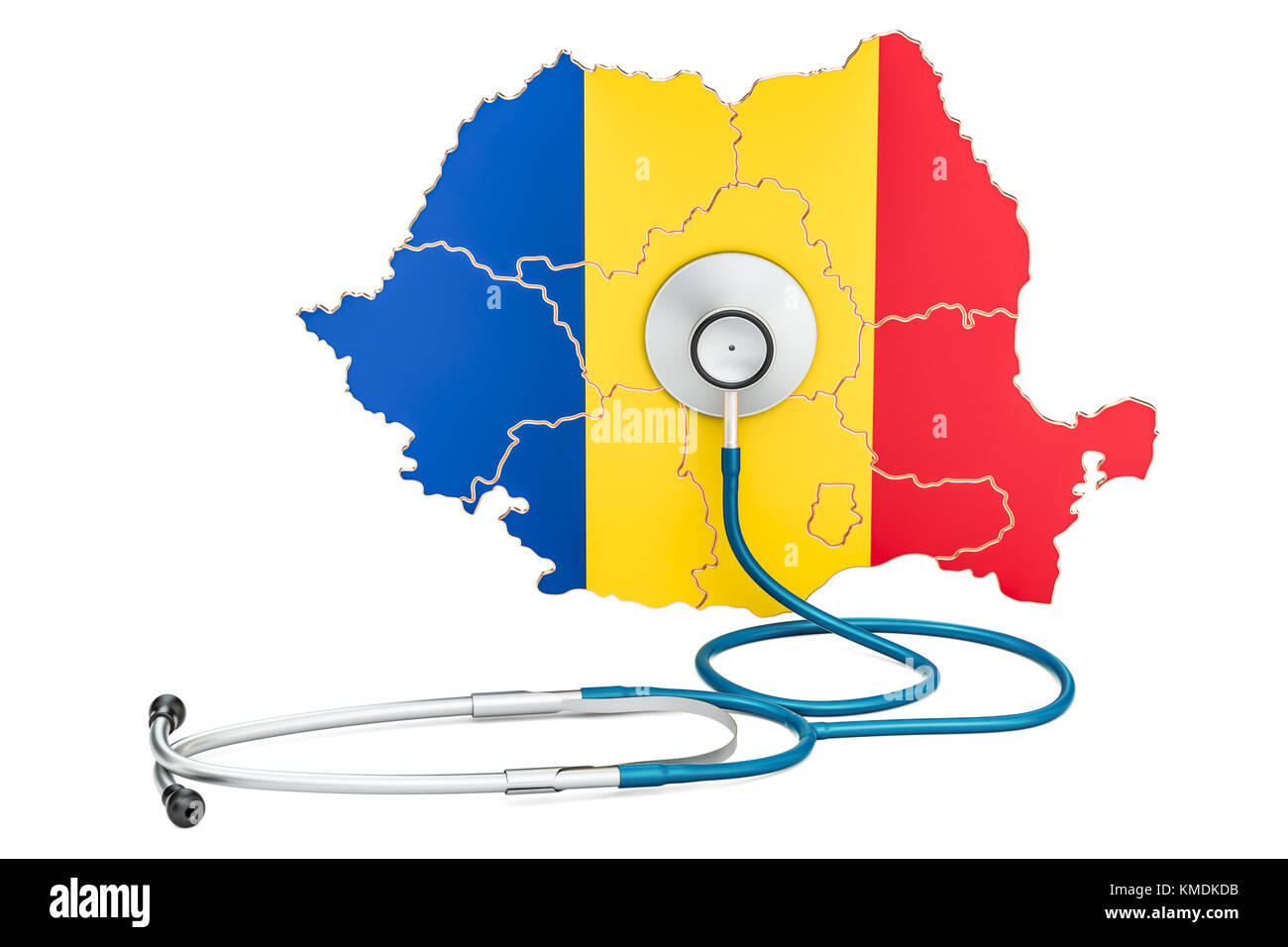 Romanian map with stethoscope, national health care concept, 3D ...