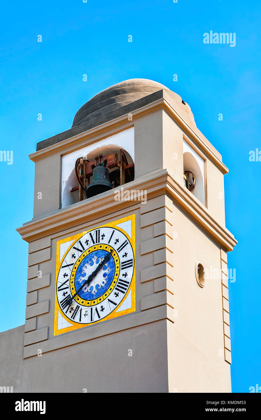 Clock tower of Church of Santo Stefano on Capri Island, Italy Stock ...
