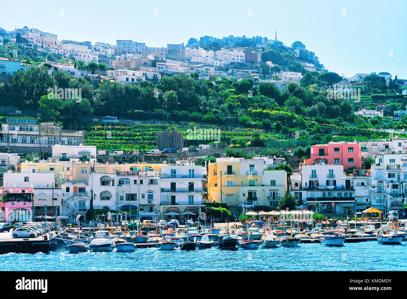 Harbor of Marina Grande embankment in Capri Island with boats, Italy ...
