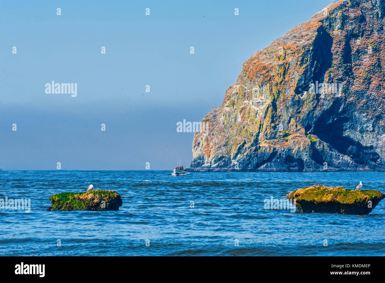 Pacific City, Oregon, USA - July 2, 2015: A dory boat passes Haystack ...