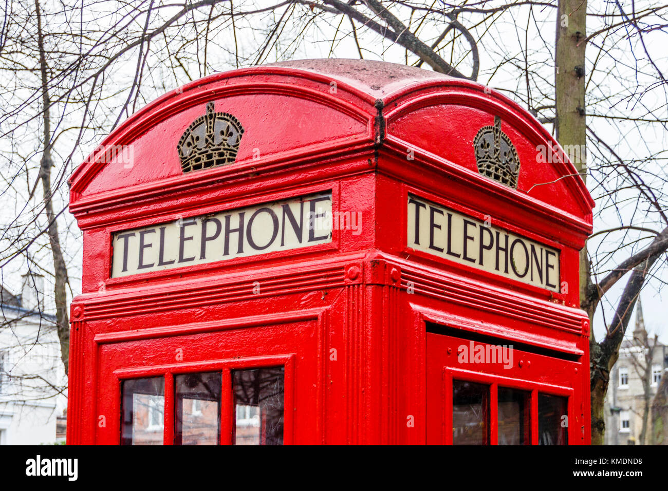 Traditional red British K2 telephone box, designed by Sir Giles Gilbert ...