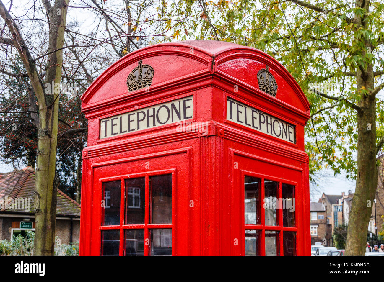 Traditional red British K2 telephone box, designed by Sir Giles Gilbert ...