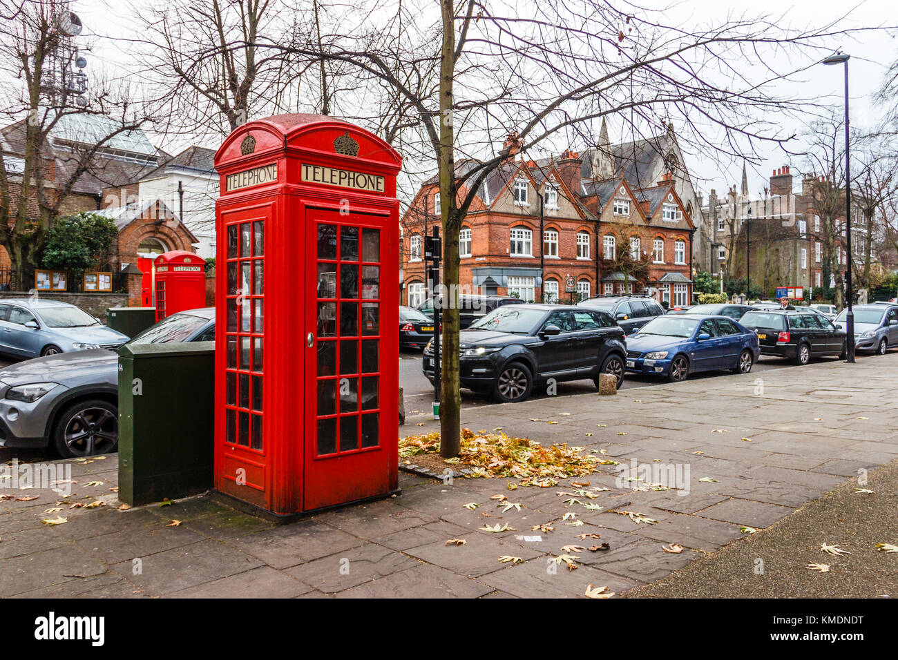 Traditional red British K2 telephone box, designed by Sir Giles Gilbert ...