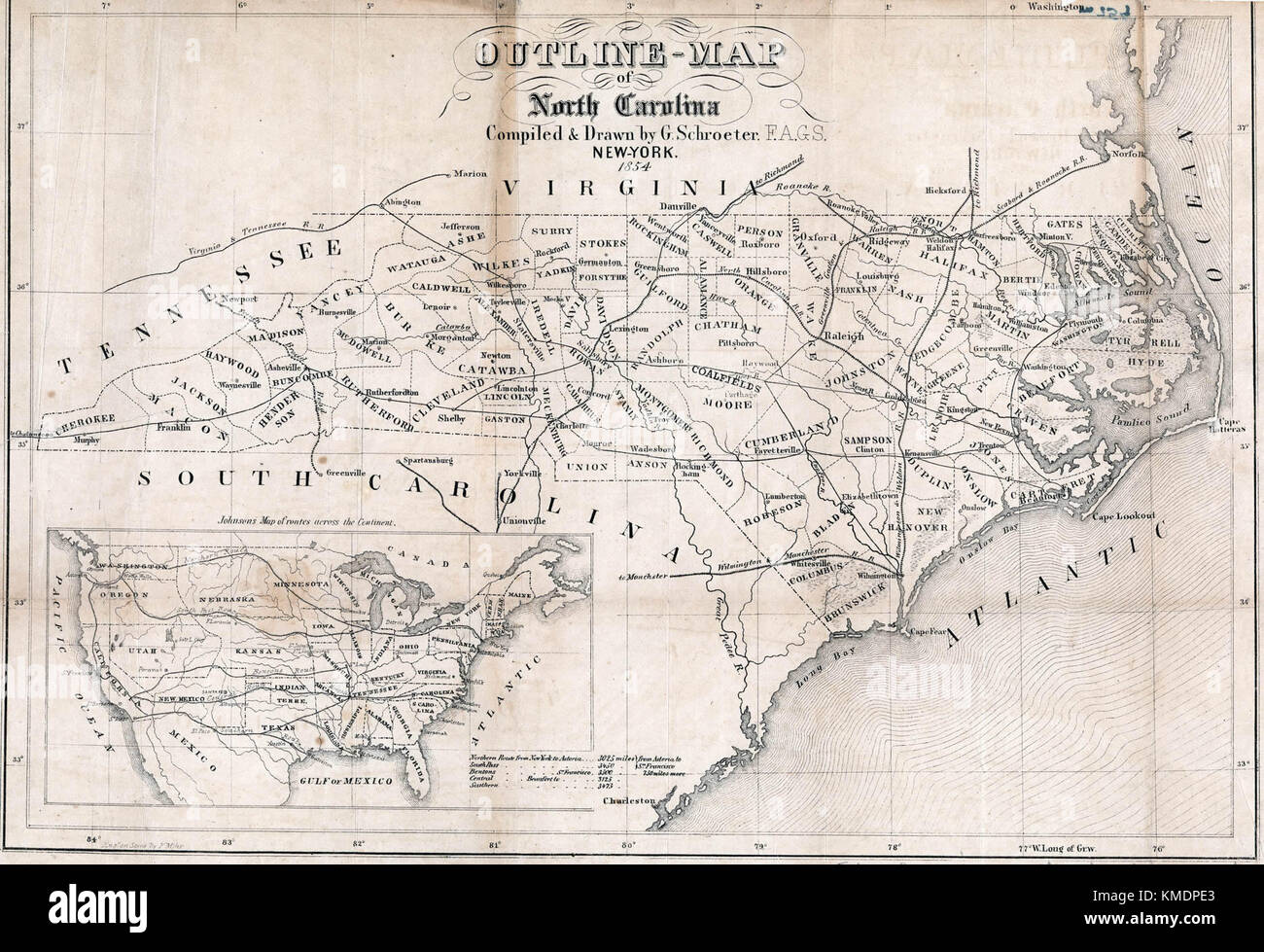 Map of the roads and railroads of North Carolina, 1854 Stock Photo - Alamy