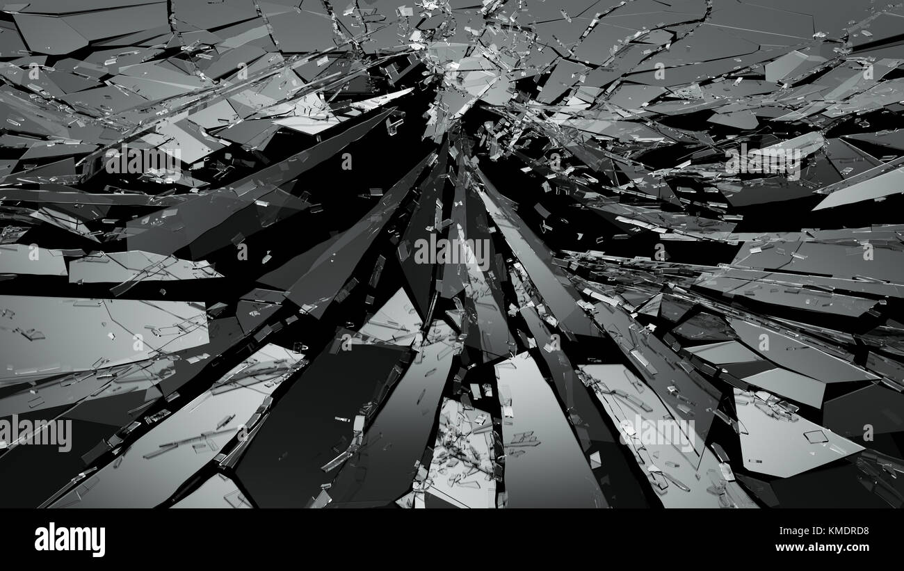 Pieces of Broken or Shattered glass on black. 3d rendering 3d ...