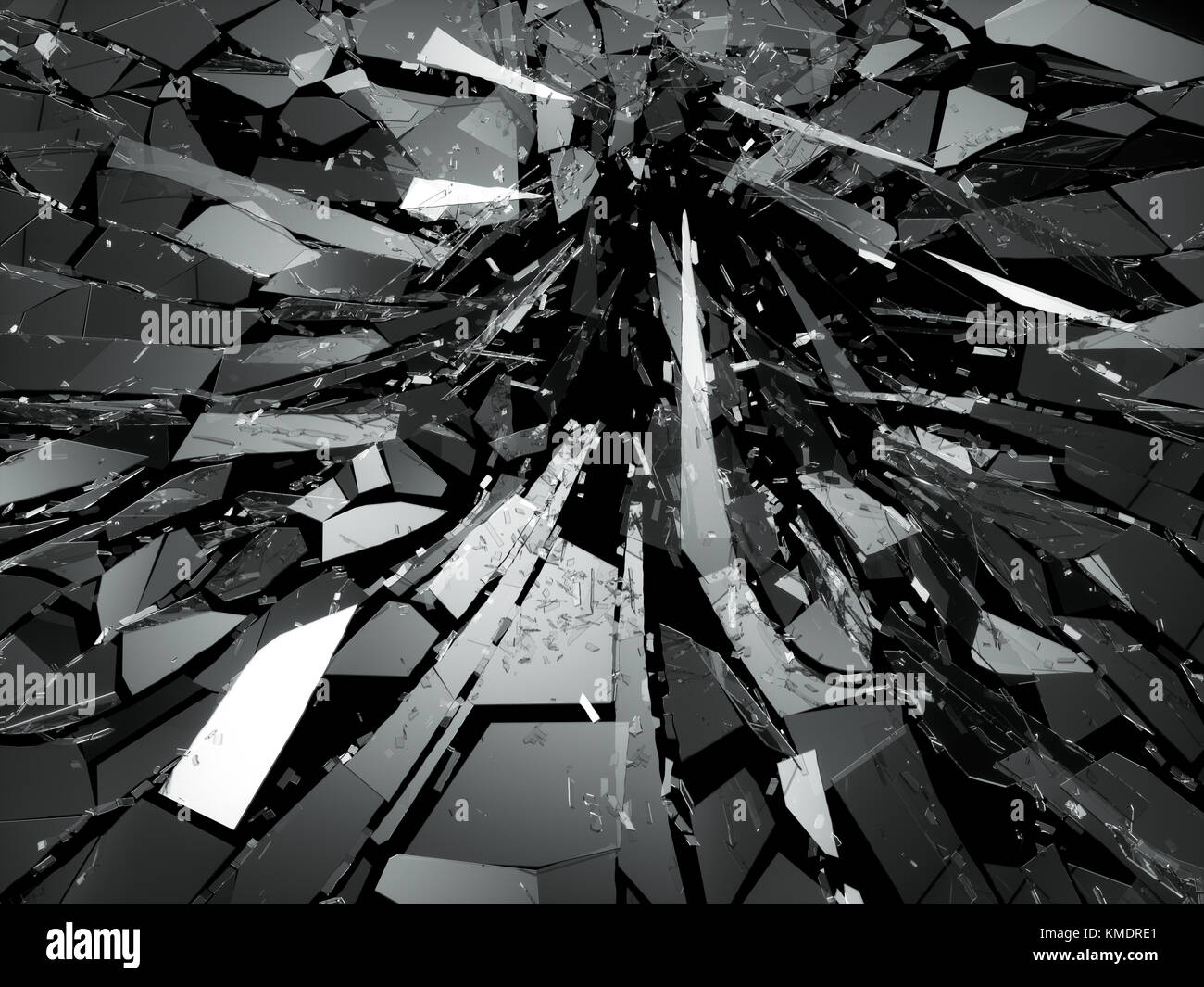 Pieces of destructed Shattered glass on black. 3d rendering 3d ...
