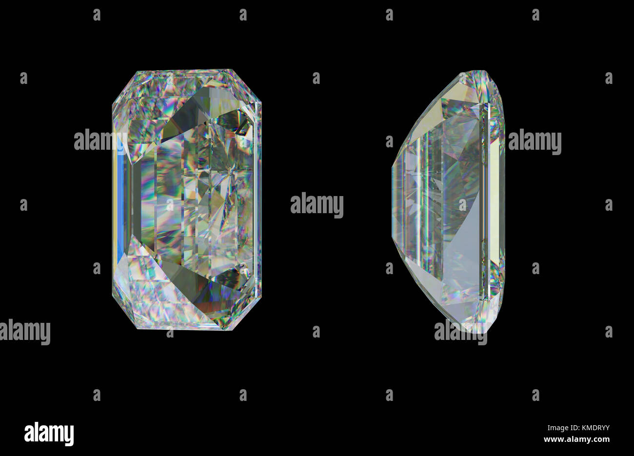 Side views of Emerald cut diamond or gemstone on black. 3d rendering ...