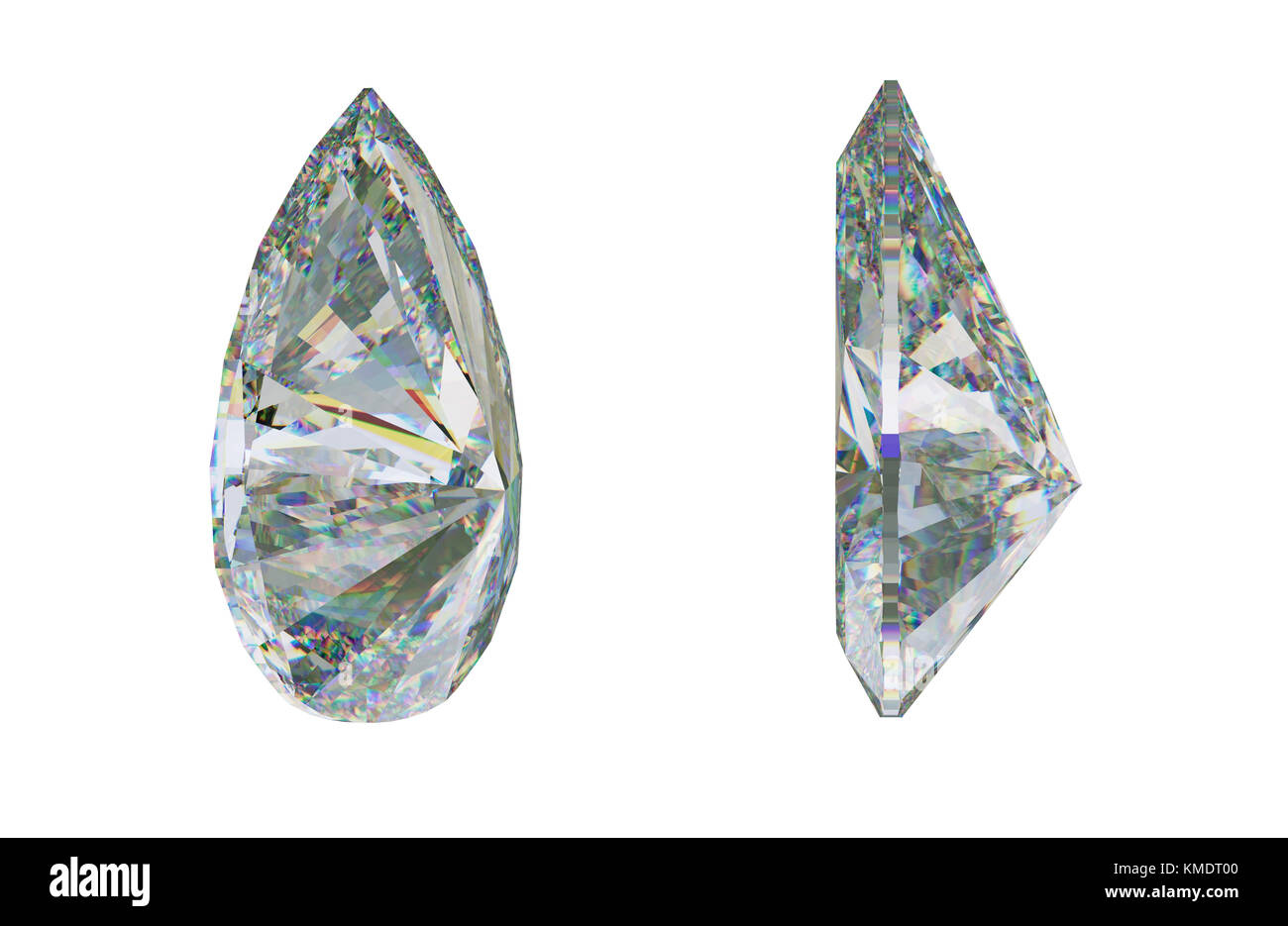 Side views of pear cut gemstone or diamond on white. 3d rendering, 3d ...