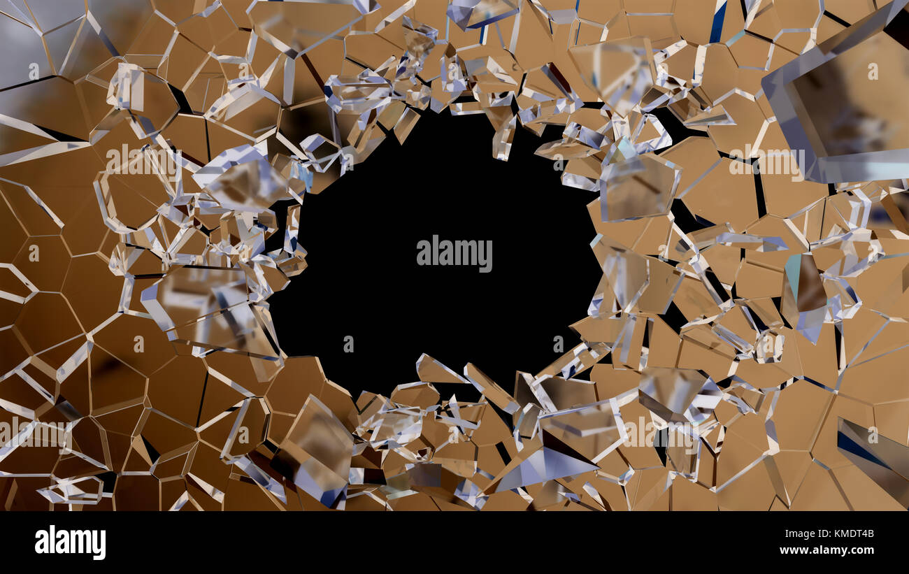 Shattered glass: sharp Pieces and hole over black background Stock ...
