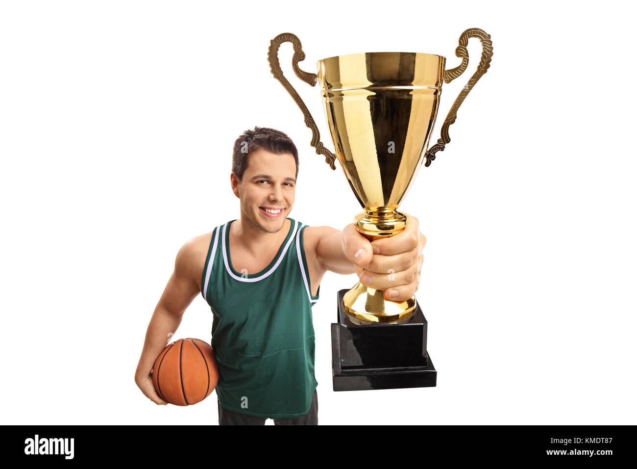 Basketball player showing a gold trophy isolated on white background ...
