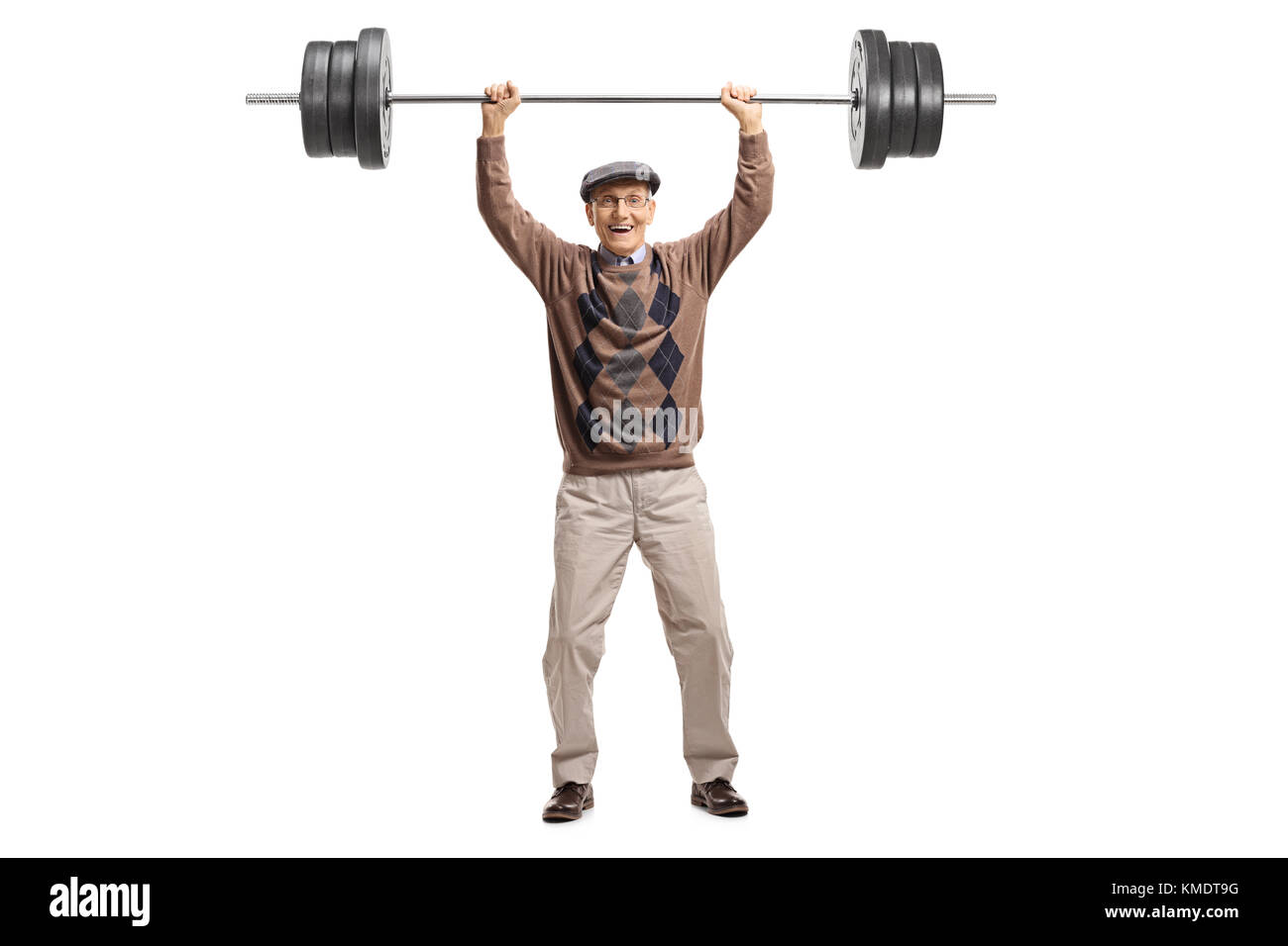 Full length portrait of a cheerful senior with a barbell isolated on ...