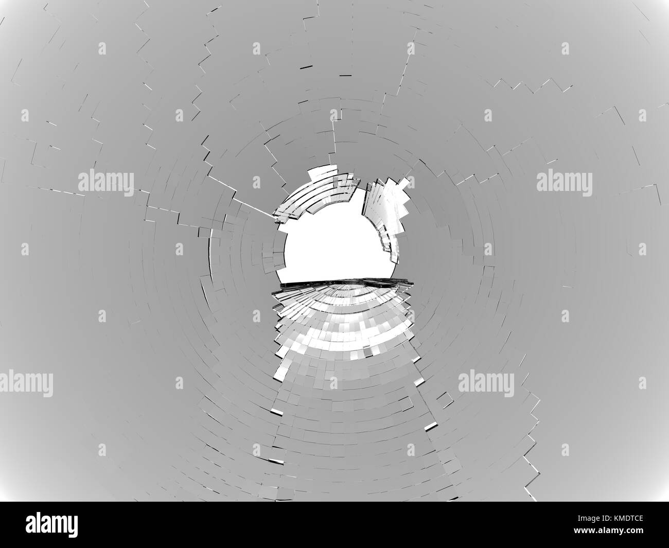Shattered glass and large hole in the center: bullet hole. On white ...