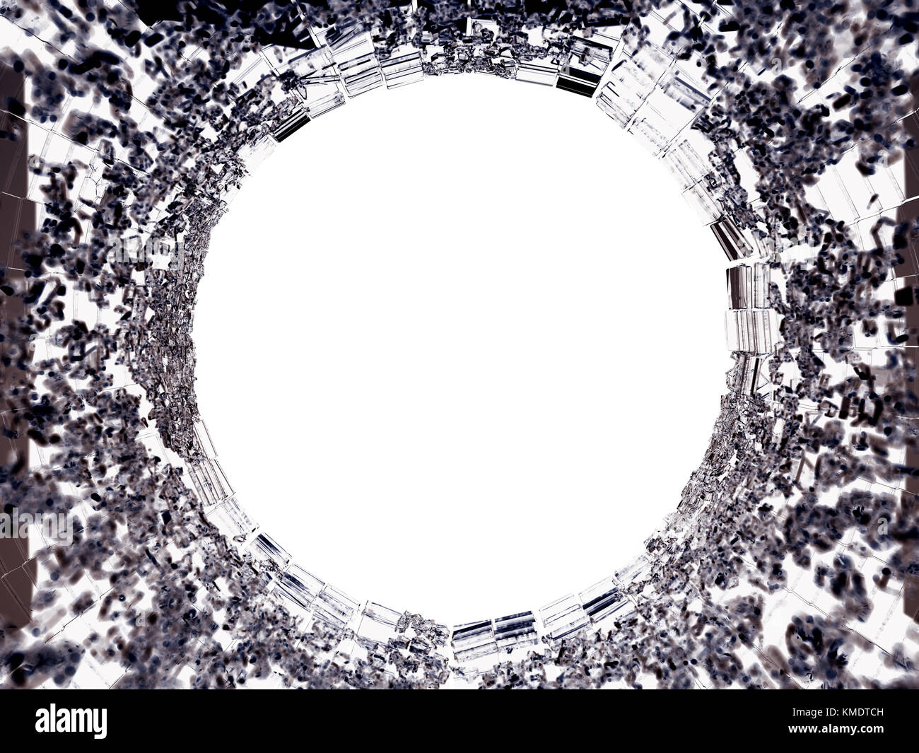 Shattered glass and large hole in the center: crime scene. On white ...