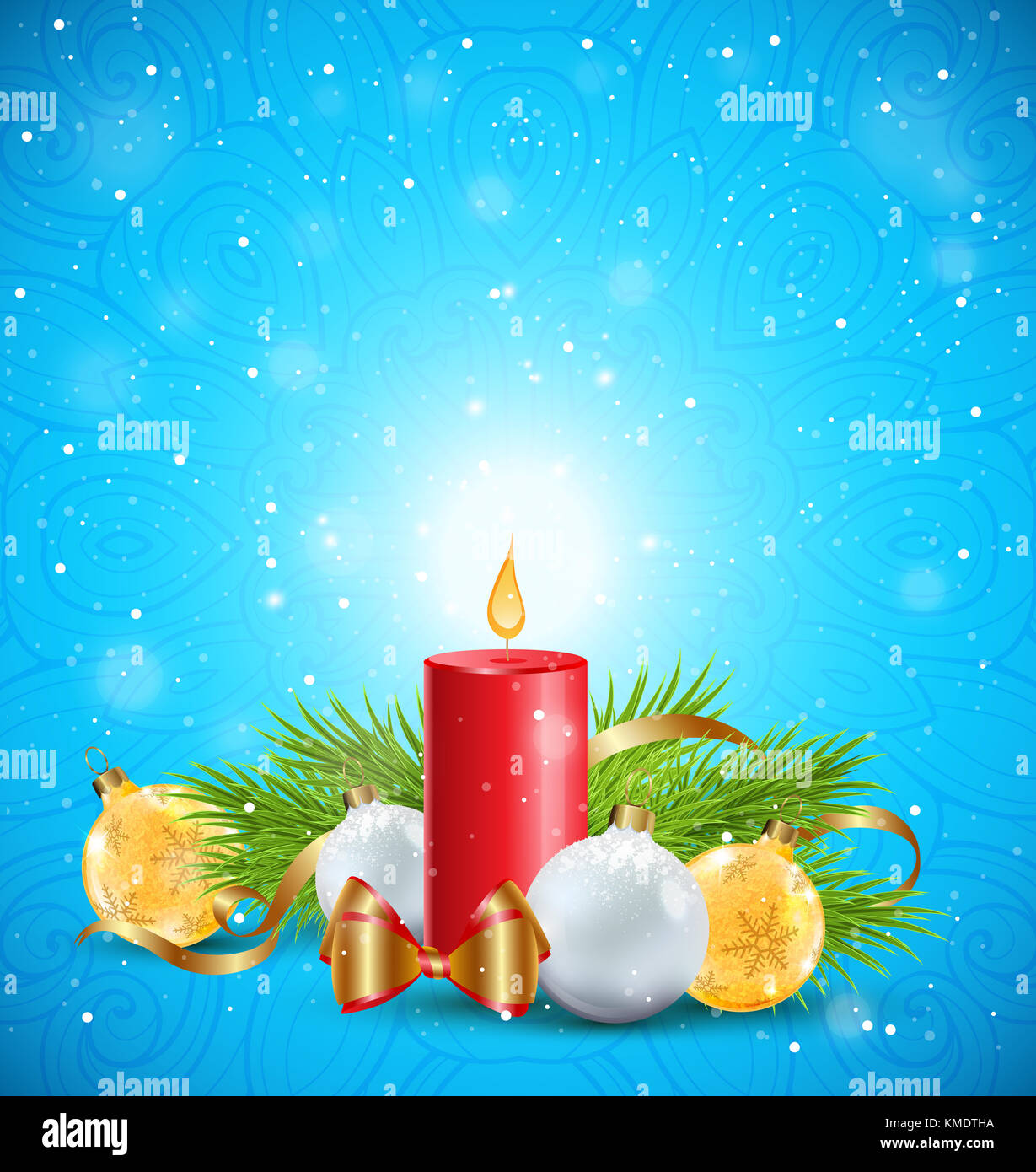 Christmas greeting card with red candle, green fir branch and white ...