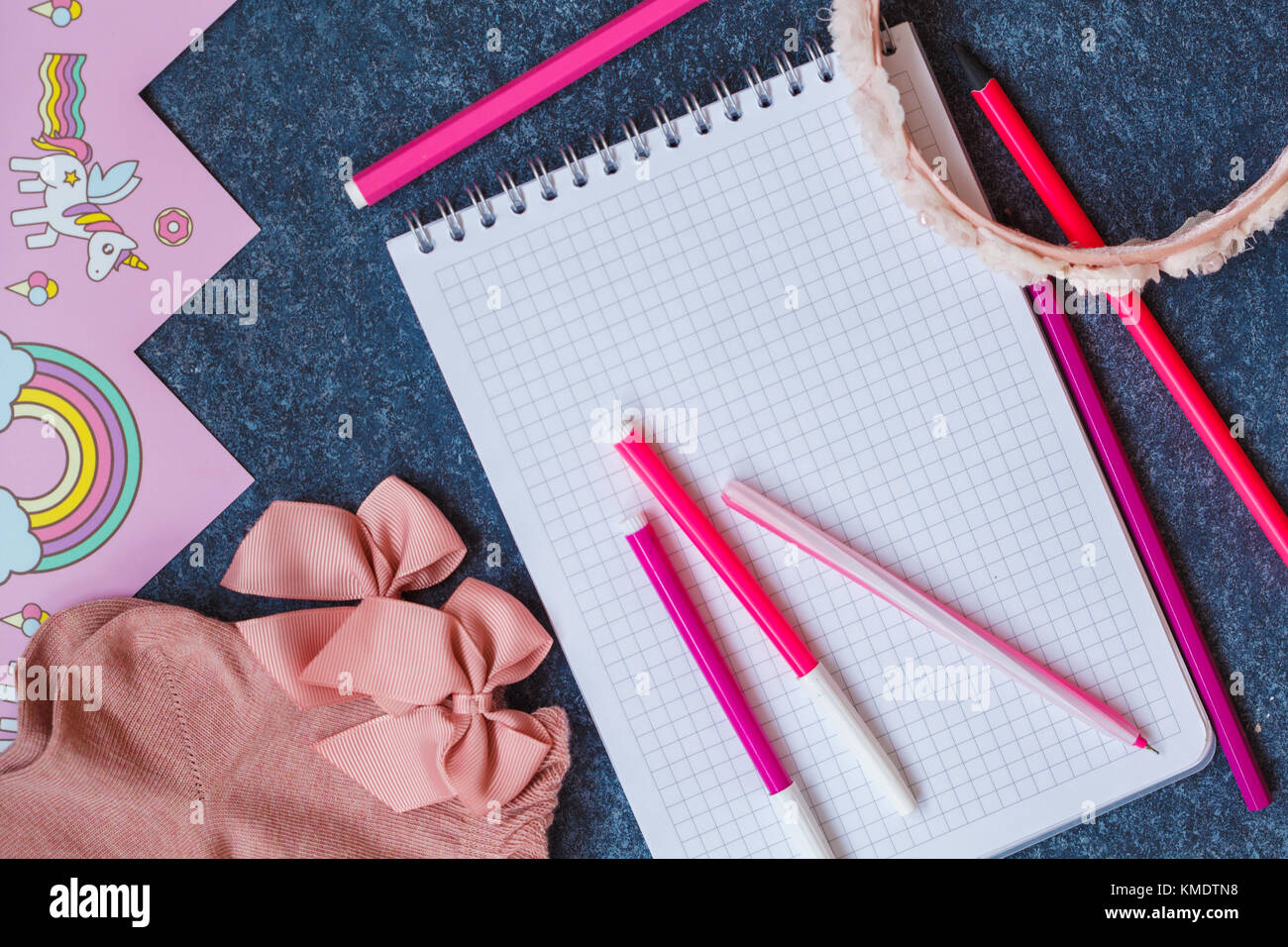 Pink accessories girl, notebook with pens, top view. School painting ...