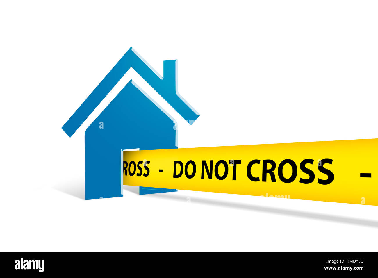 Illustrative blue house icon with yellow do not cross police tape ...
