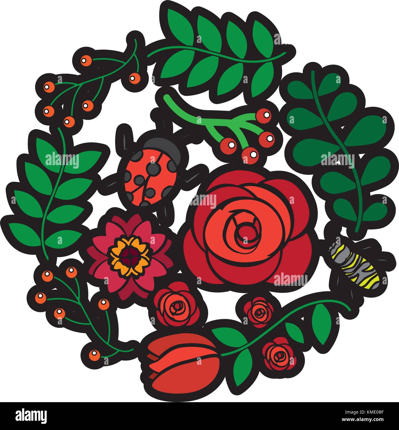 natural floral decoration flower ladybug bee branch leaves Stock Vector ...