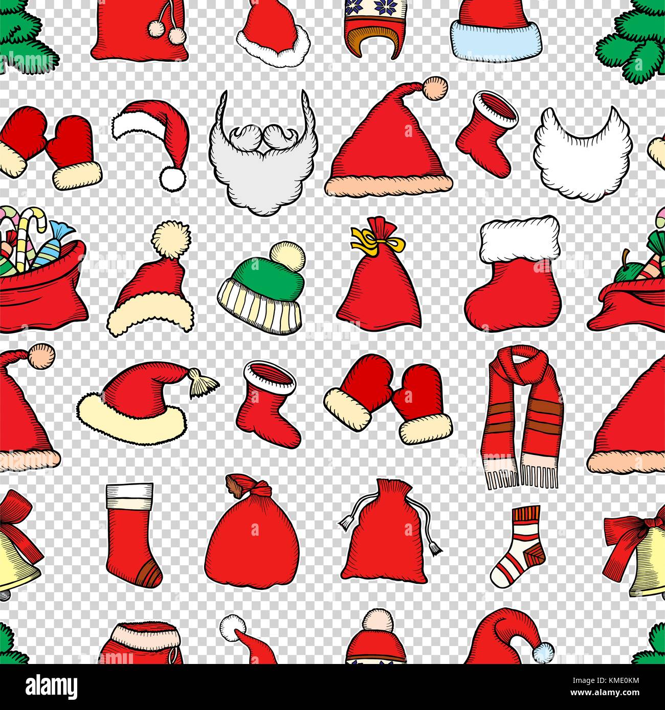 Christmas seamless texture with socks and red caps. Vector illustration ...