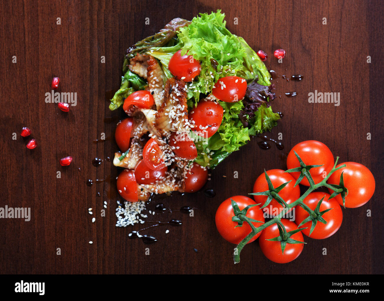 Exquisite food on a dark wooden wenge background. Gourmet Restaurant ...