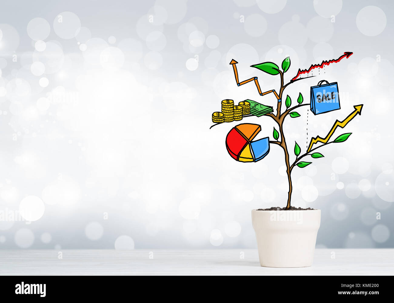 Drawn income tree in white pot for business investment savings and ...