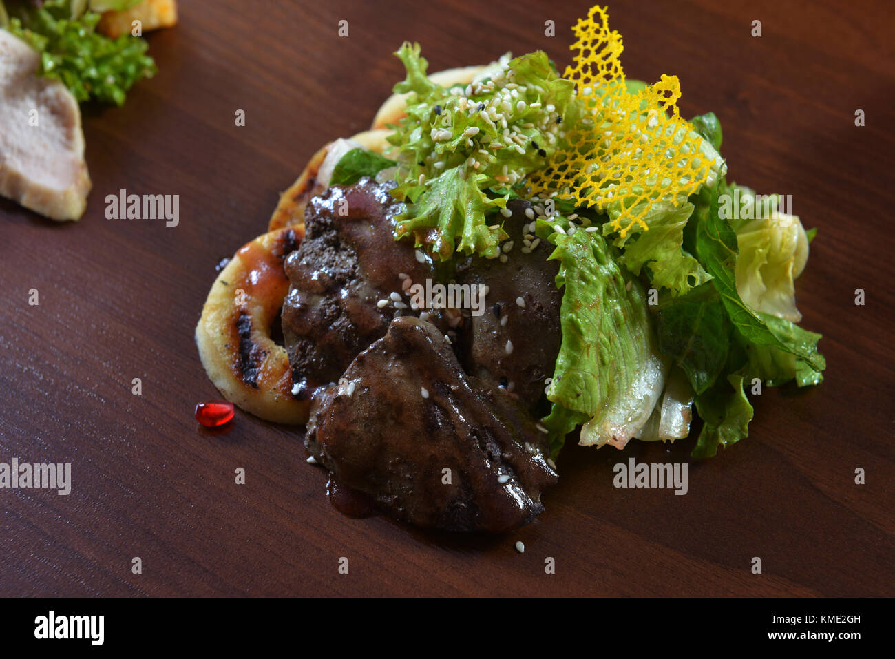 Exquisite food on a dark wooden wenge background. Gourmet Restaurant ...