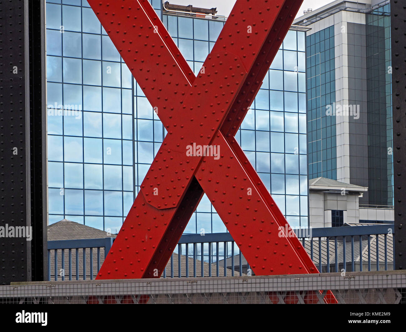 red painted girders on road bridge over the Quays at Salford Manchester ...
